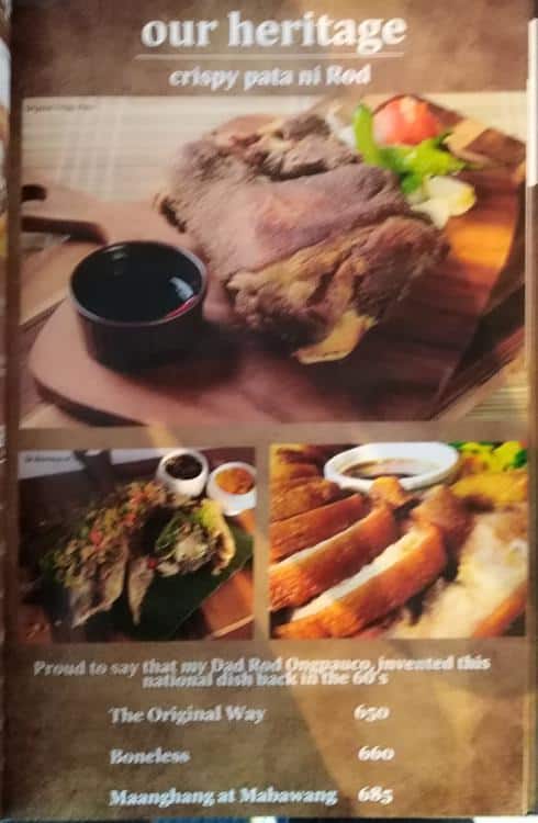 Menu at Pamana restaurant, Tagaytay