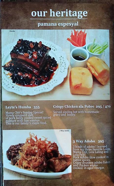Menu at Pamana restaurant, Tagaytay