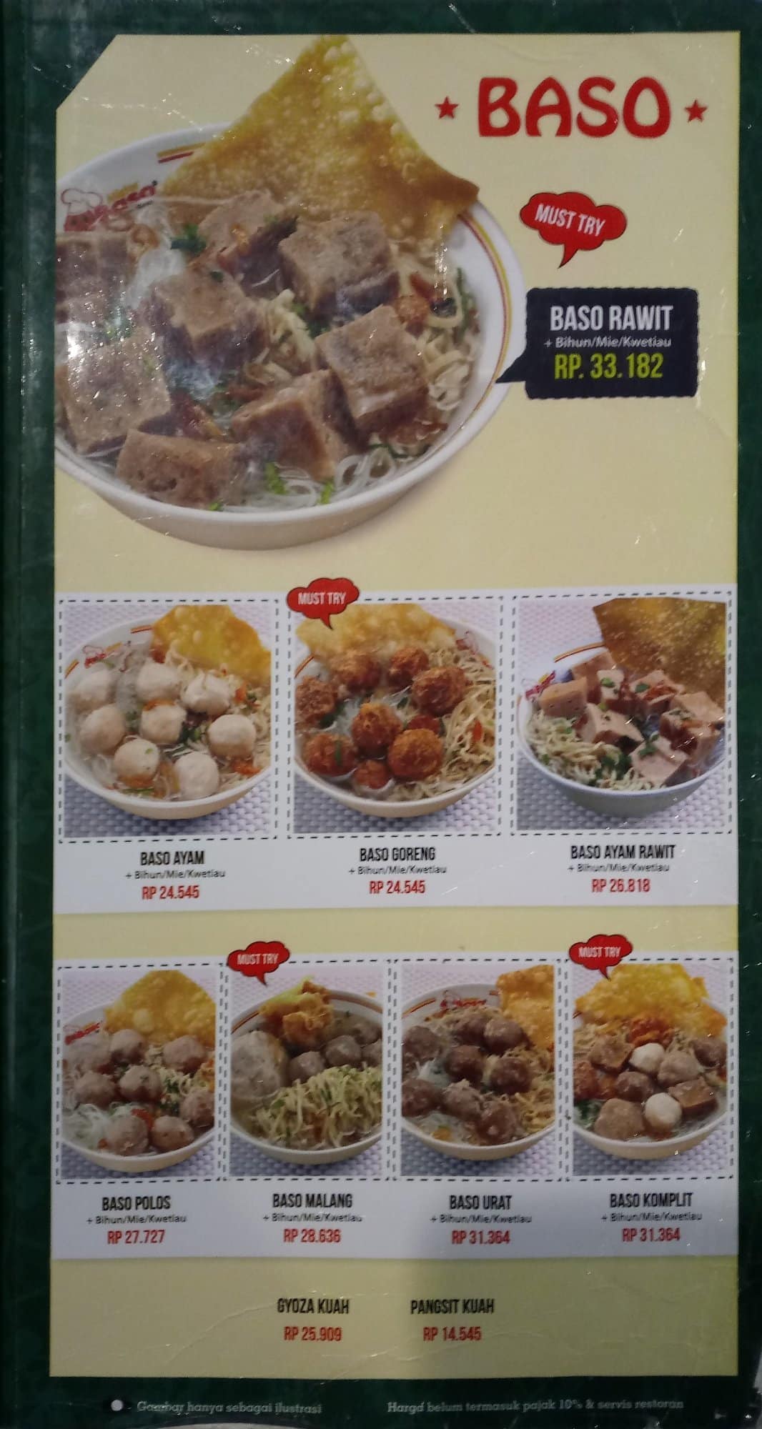 Menu at Mister baso restaurant, Jakarta, Tamini Square