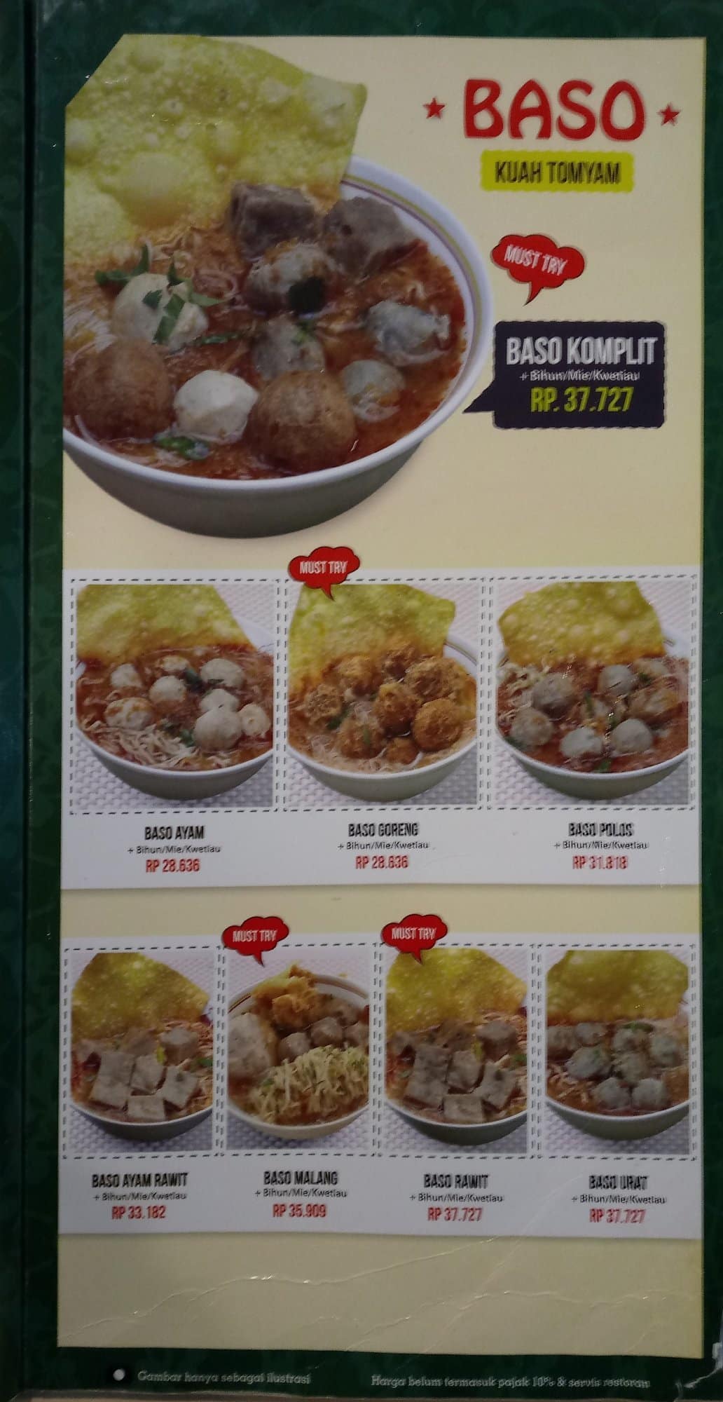 Menu at Mister baso restaurant, Jakarta, Tamini Square