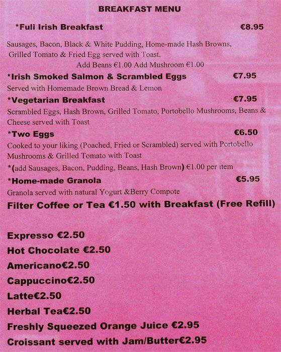 Menu at Copper Alley Bistro restaurant, Dublin