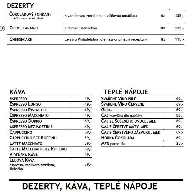 Menu at Potrefená husa Národní restaurant, Prague, Národní 364/39