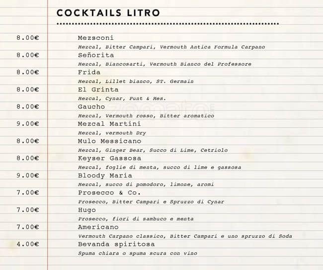 Menu at Litro pub & bar, Rome