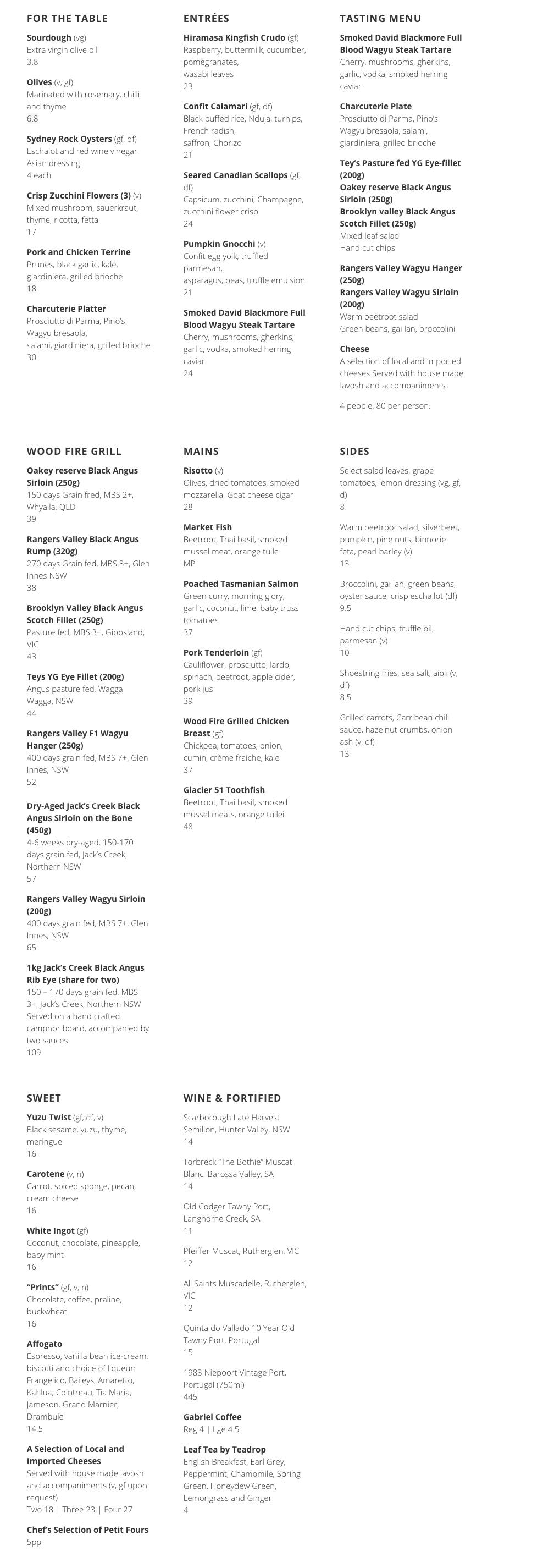 Menu at Steel Bar & Grill, Sydney, 2/60 Carrington Street