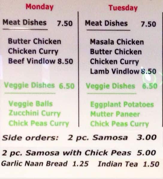 Menu at India Abroad restaurant, Vancouver