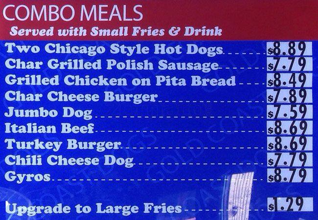 Menu at Gold Coast Dogs restaurant, Chicago, 225 S Canal St