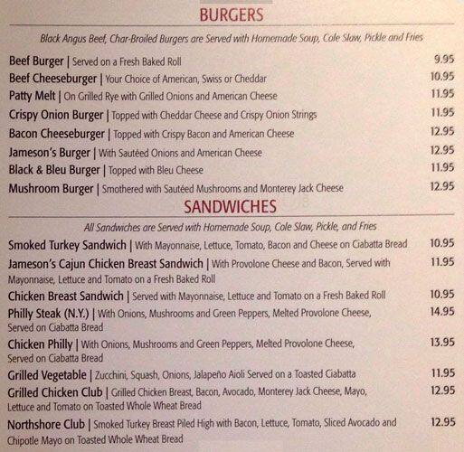 Menu at Jameson's Charhouse steakhouse, Skokie, Skokie Blvd