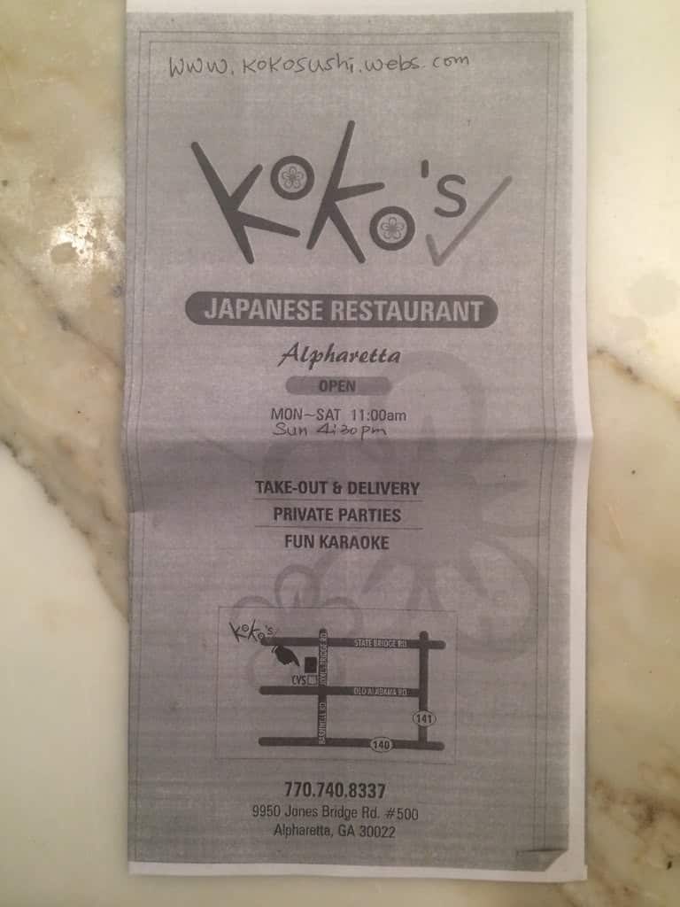 Menu at Koko's Japanese Restaurant, Alpharetta