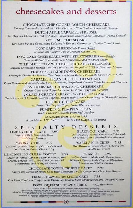 Menu at The Cheesecake Factory desserts, Arlington