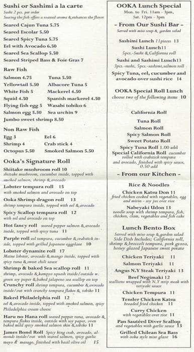 Menu at Ooka restaurant, Willow Grove