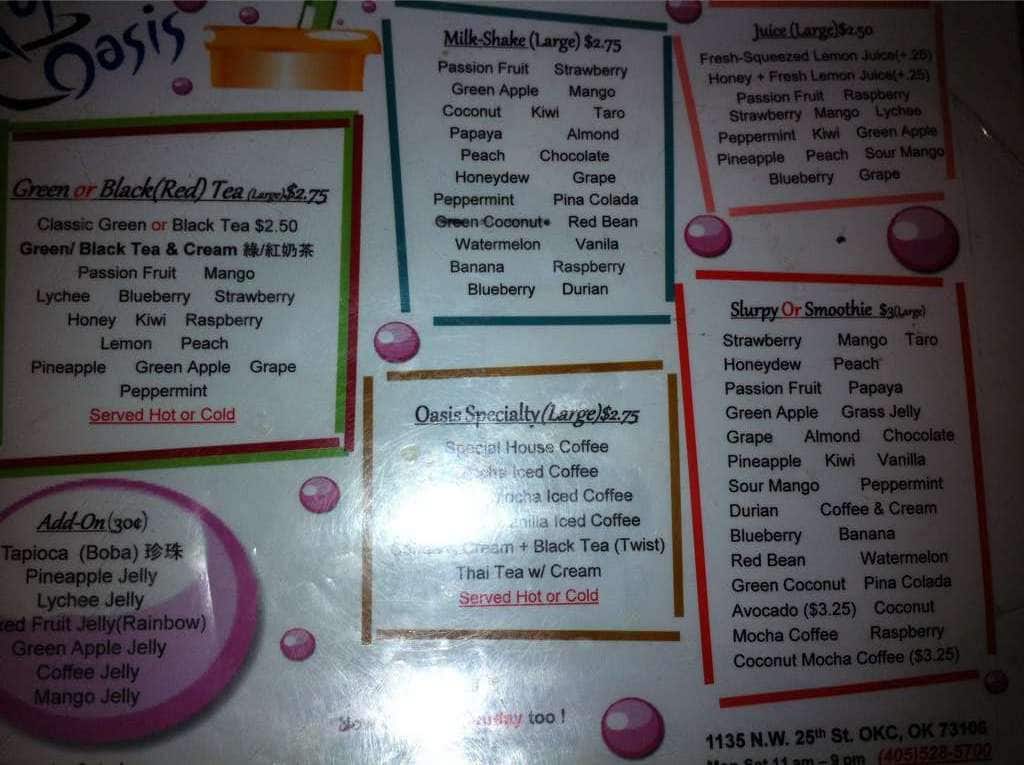 Menu at Cafe Oasis, Oklahoma City