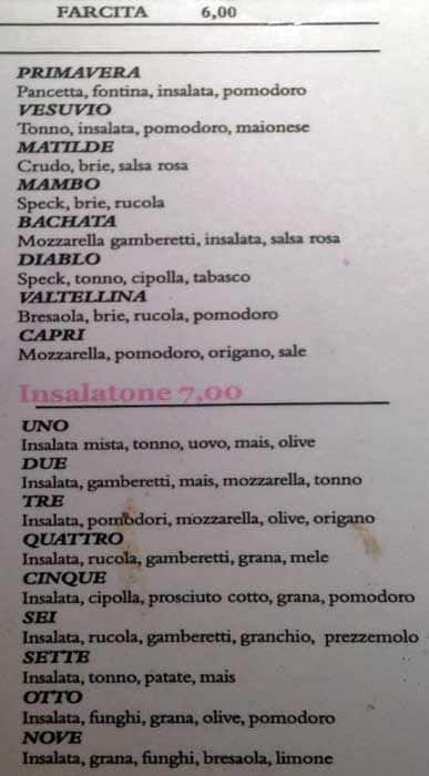 Menu at Vanity Bar, Milan