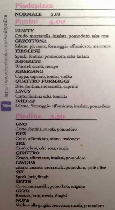 Menu at Vanity Bar, Milan