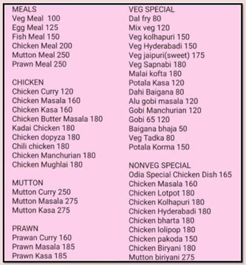 Menu of Maa Mangala Odia Restaurant, Marathahalli, Bangalore