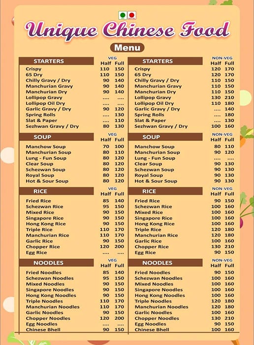 Menu of Unique Chinese Corner, Virar, Mumbai
