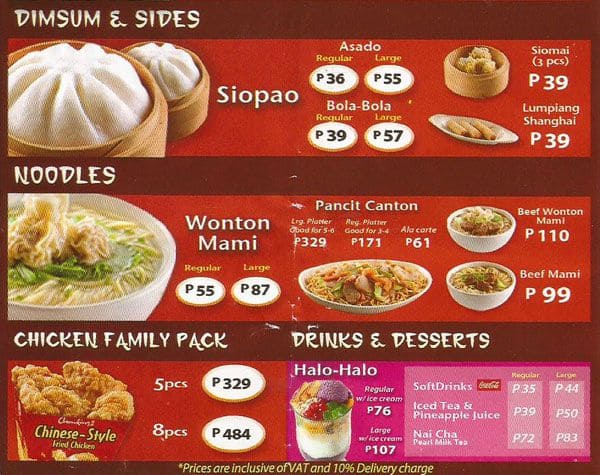 Menu at Chowking fast food, Mandaluyong, H2FR+XPQ