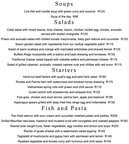 Menu at Qunu Restaurant, Johannesburg