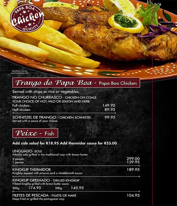 Menu at Papa Boa restaurant, Benoni