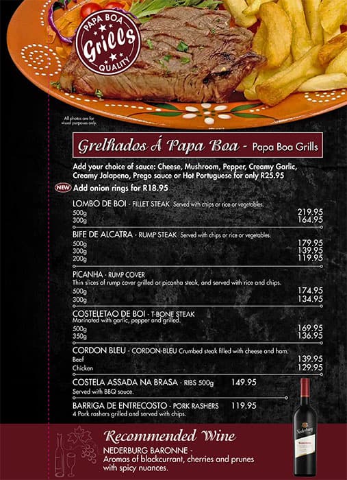 Menu at Papa Boa restaurant, Benoni