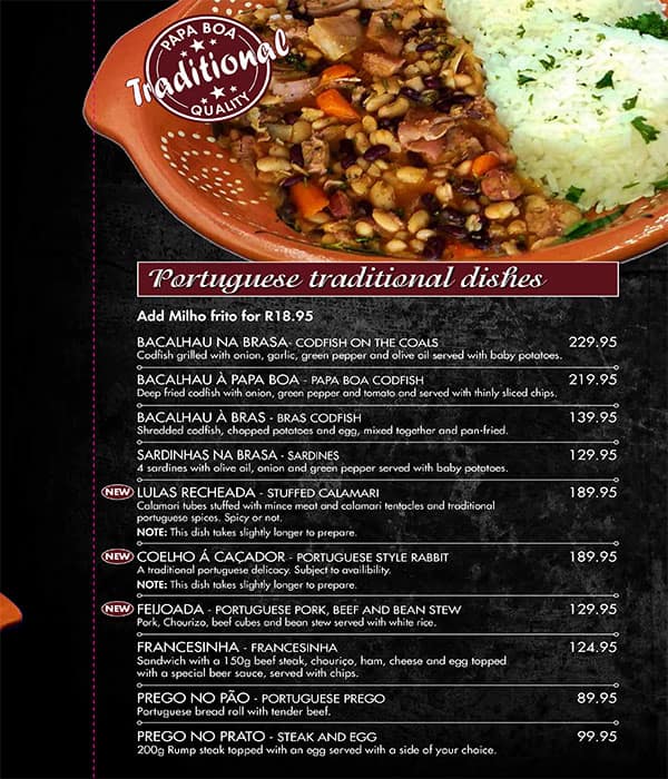 Menu at Papa Boa restaurant, Benoni