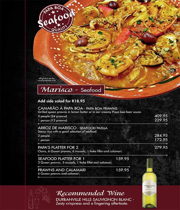 Menu at Papa Boa restaurant, Benoni
