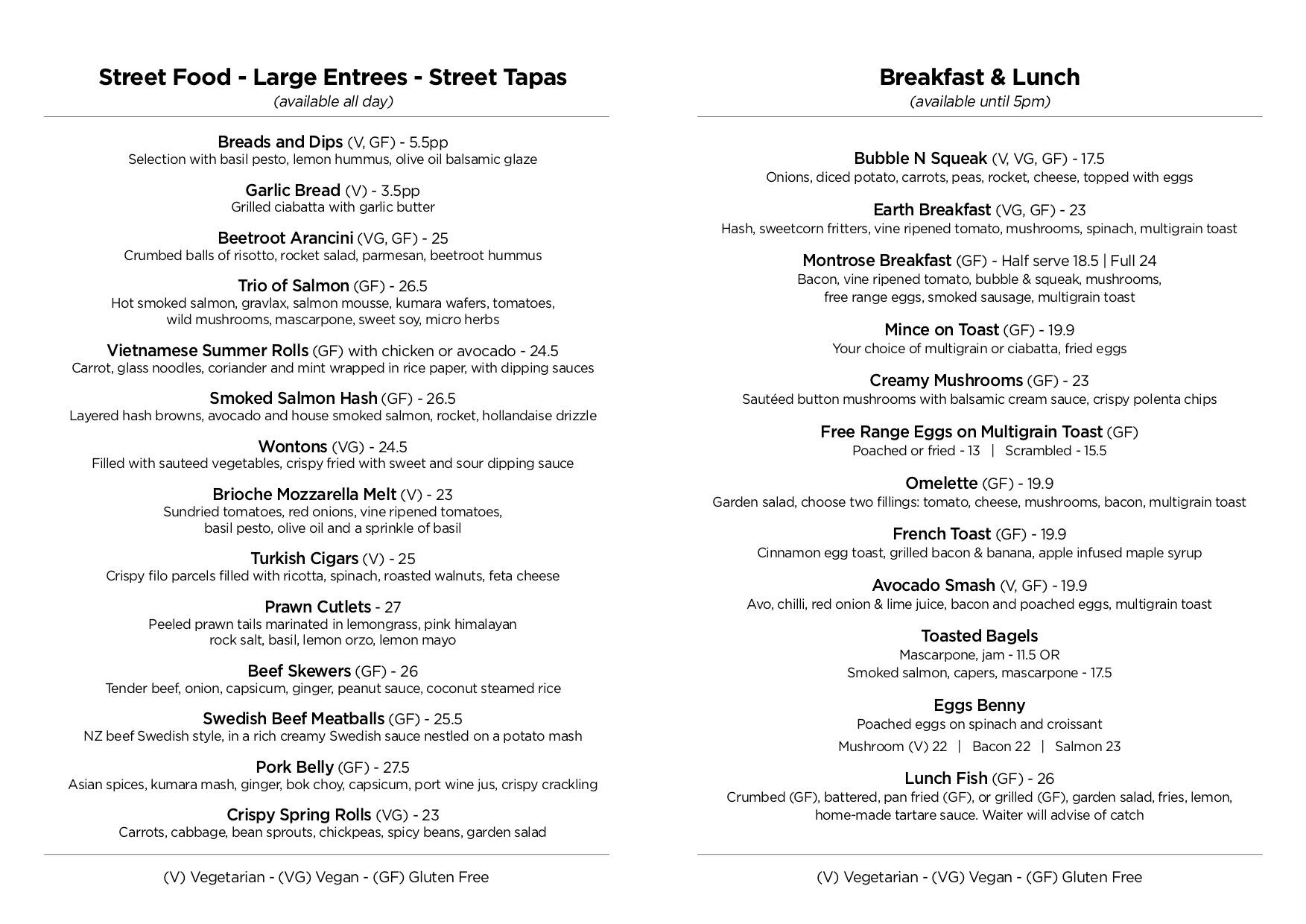 Menu at Montrose Cafe, Bistro and Bar, Auckland