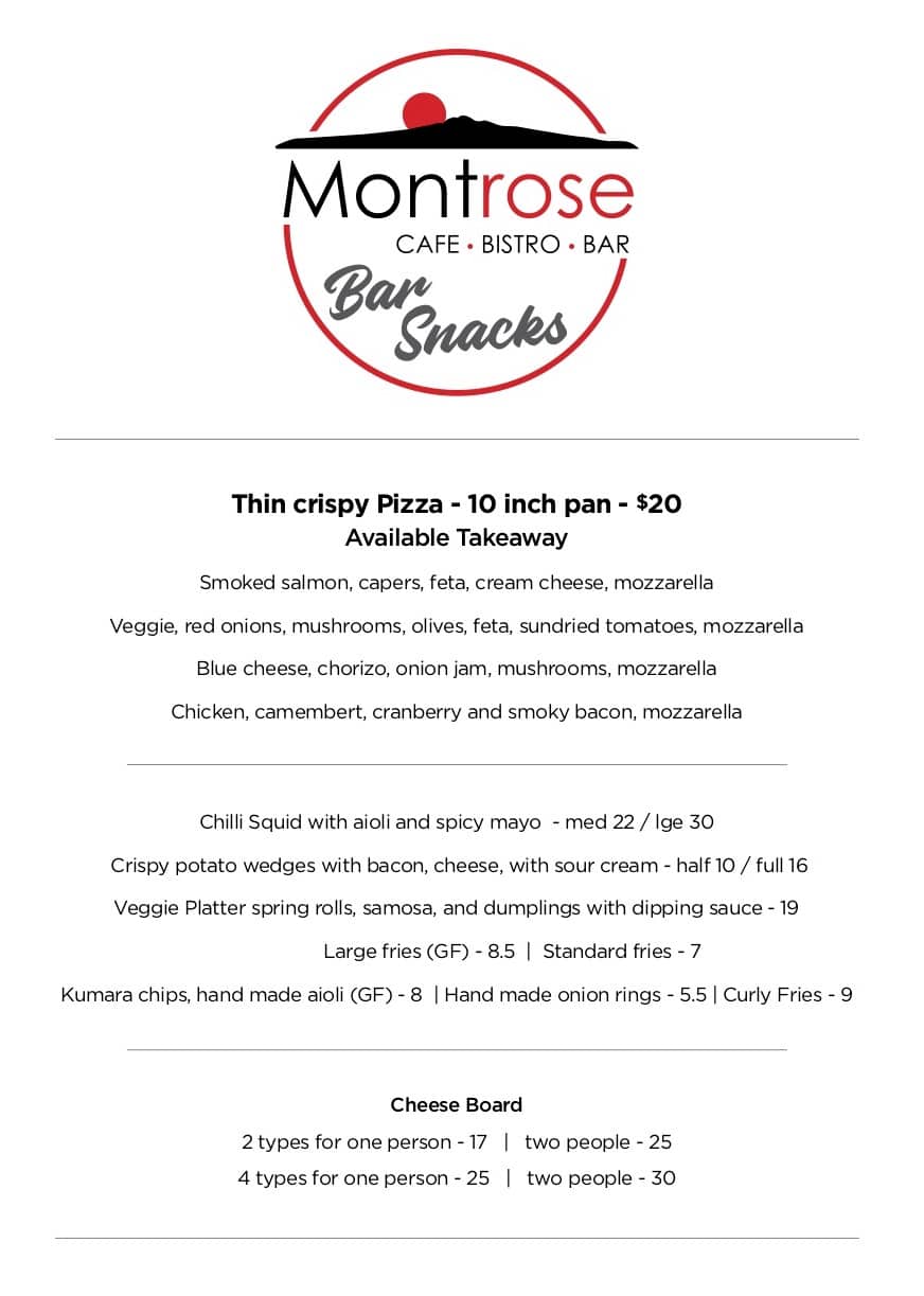 Menu at Montrose Cafe, Bistro and Bar, Auckland