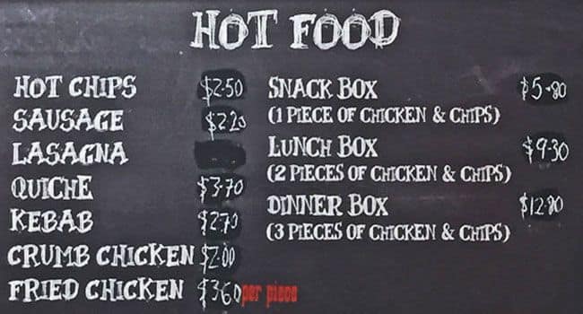 Menu at Family Bakery, Wellington