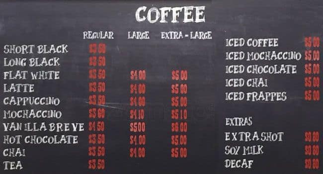 Menu at Family Bakery, Wellington