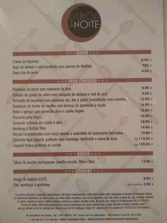 Menu at Lisboa à Noite pub & bar, Lisbon