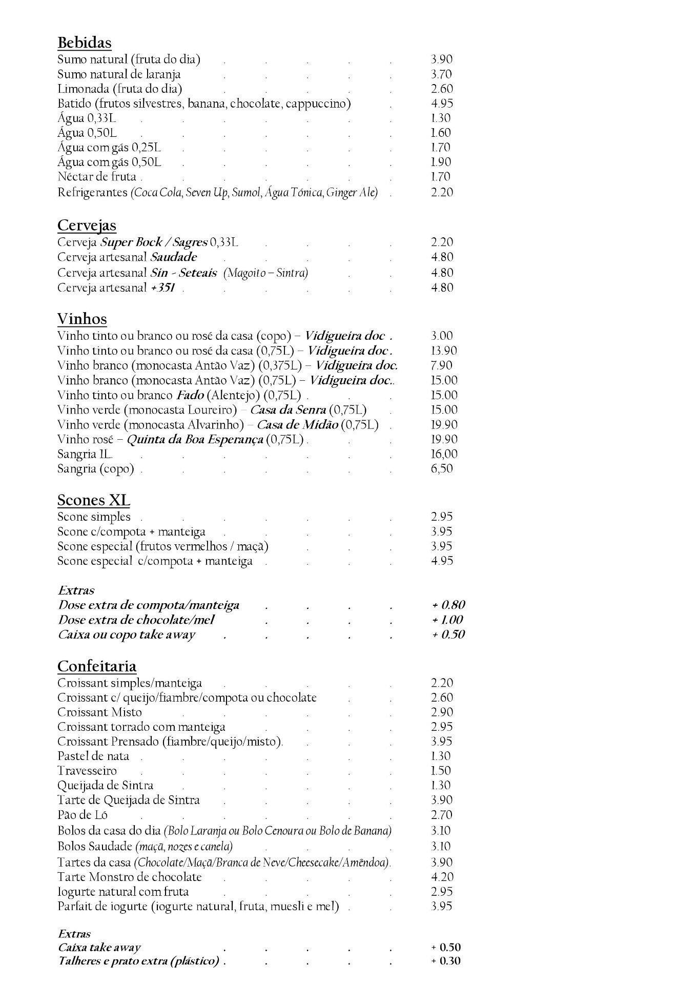 Menu at Café Saudade, Sintra