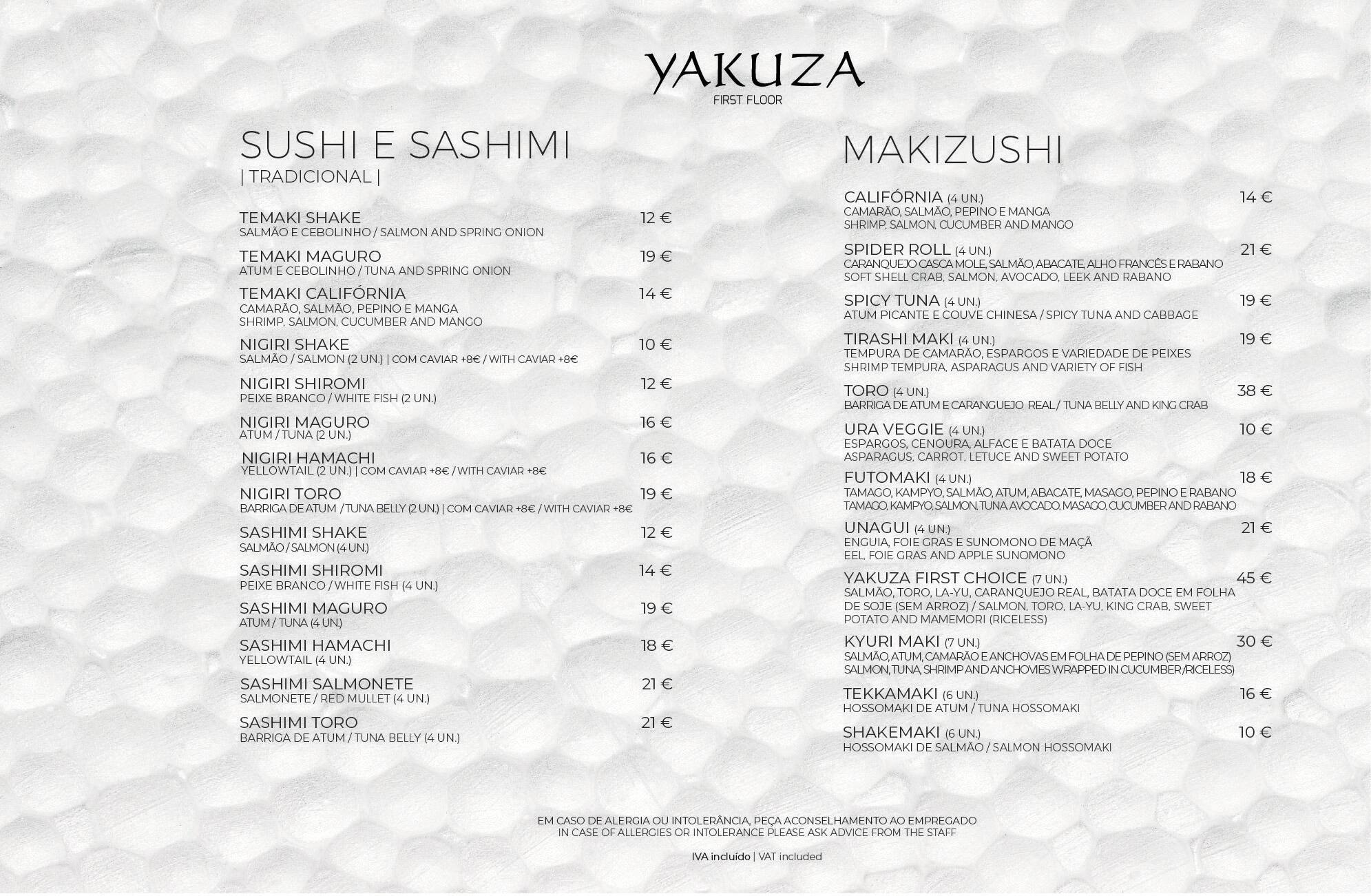 Menu at Yakuza by Olivier, Lisboa restaurant, Lisbon