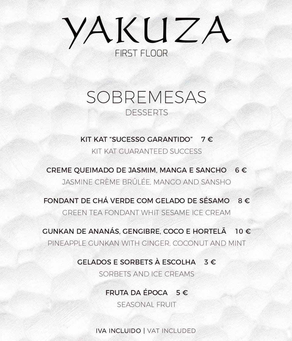 Menu at Yakuza by Olivier, Lisboa restaurant, Lisbon