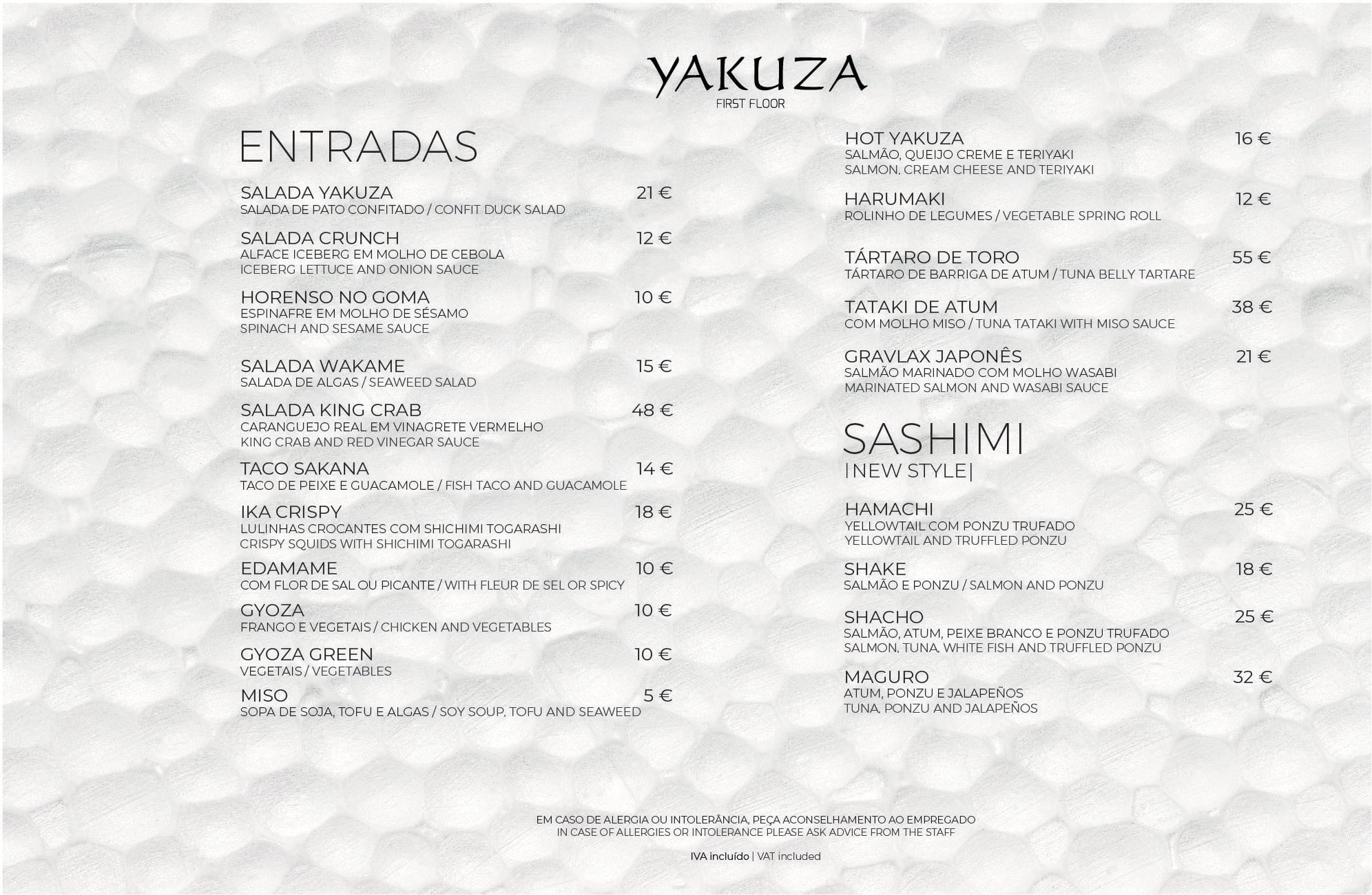 Menu at Yakuza by Olivier, Lisboa restaurant, Lisbon