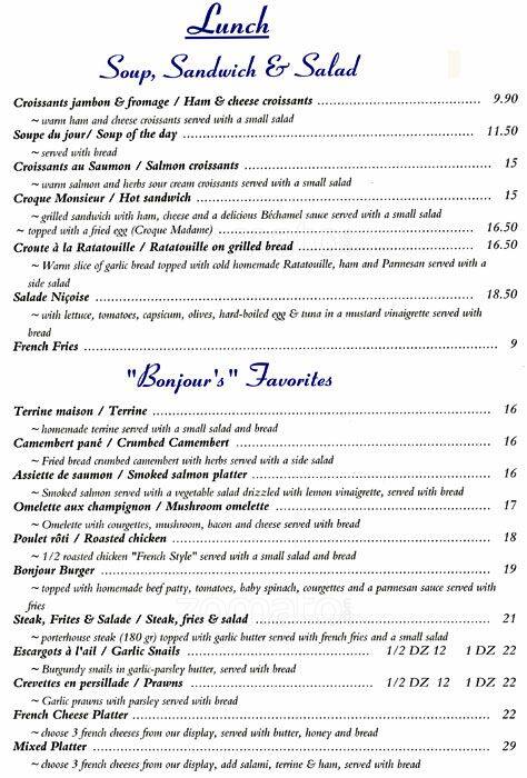 Menu at Bonjour cafe, Arrowtown