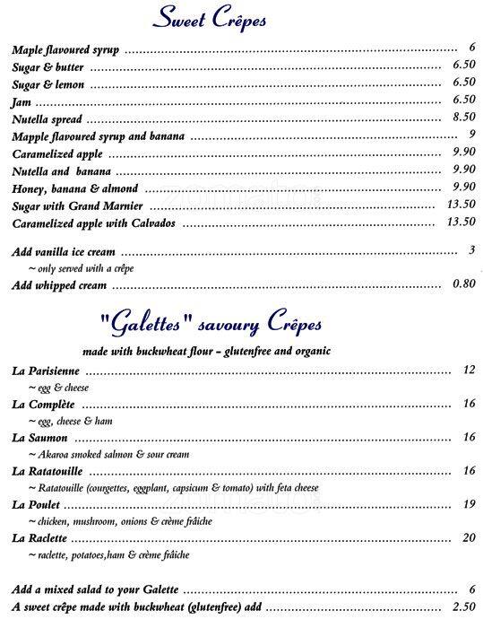 Menu at Bonjour cafe, Arrowtown