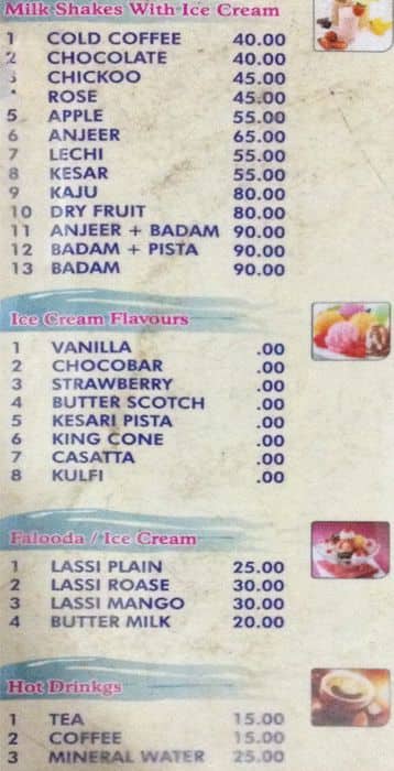 Menu at Rangoli, Hyderabad