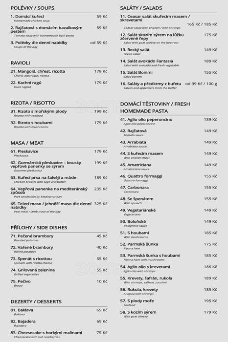 Menu at Bonimi bistro restaurant, Prague