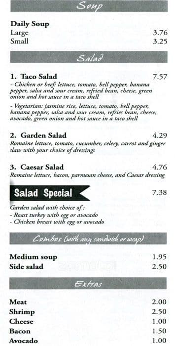 Menu at Sandwich Plus fast food, Vancouver