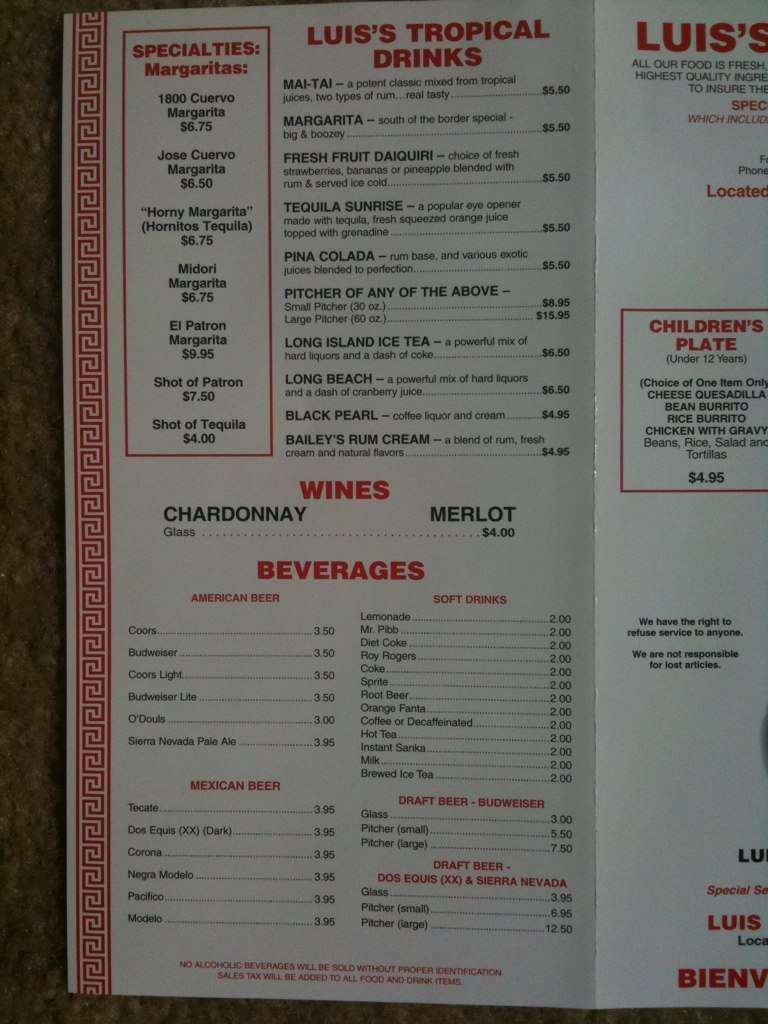 Menu at Luis Jr.'s Mexican Food restaurant, Sacramento