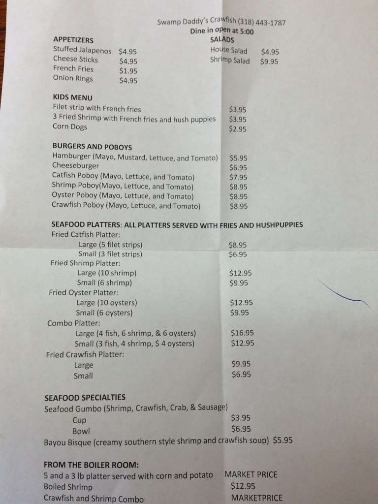 Menu at Swamp Daddy's restaurant, Alexandria, 55 MacArthur Dr