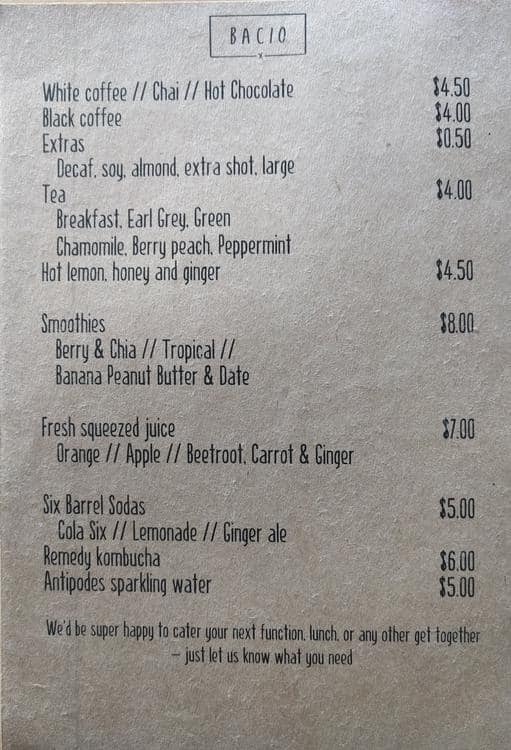 Menu at Bacio cafe, Auckland