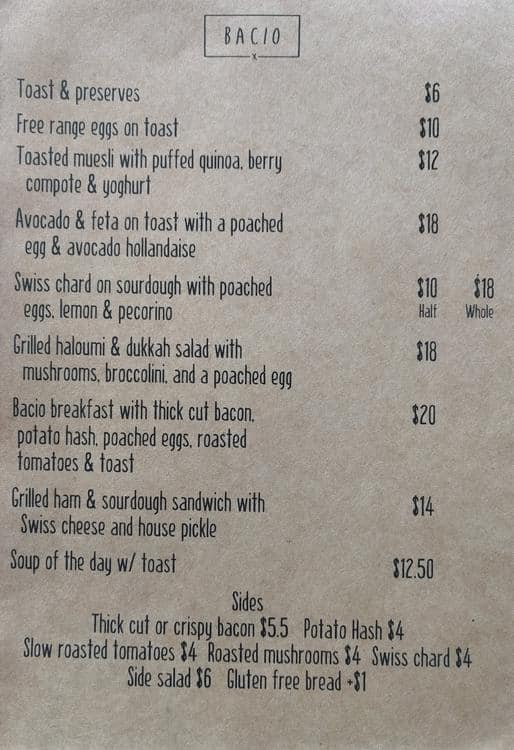 Menu at Bacio cafe, Auckland