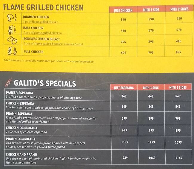 Menu at Galitos, Chennai