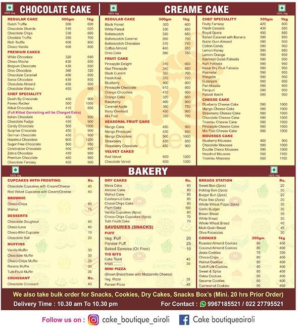 Menu of Cake Boutique, Ghansoli, Navi Mumbai