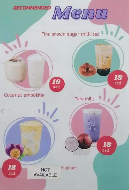 Menu of Bai Cha Cafe, Najda, Abu Dhabi