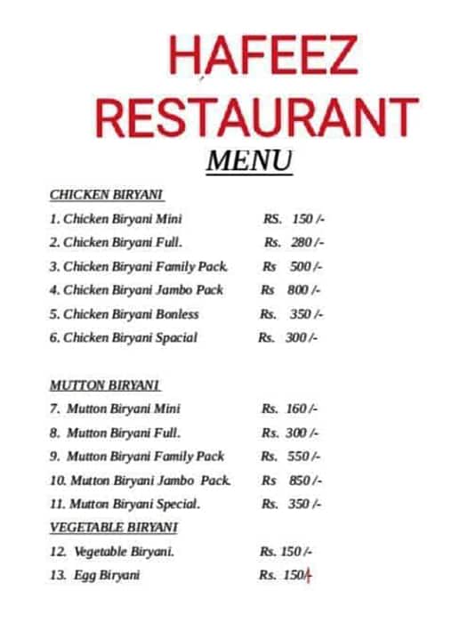 Menu of Hafeez Restaurant, Tolichowki, Hyderabad