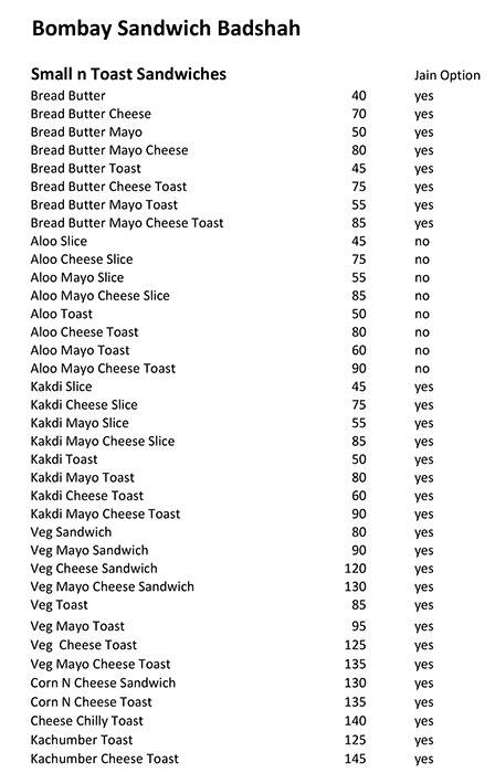 Menu of Bombay Sandwhich Badshah, Borivali West, Mumbai