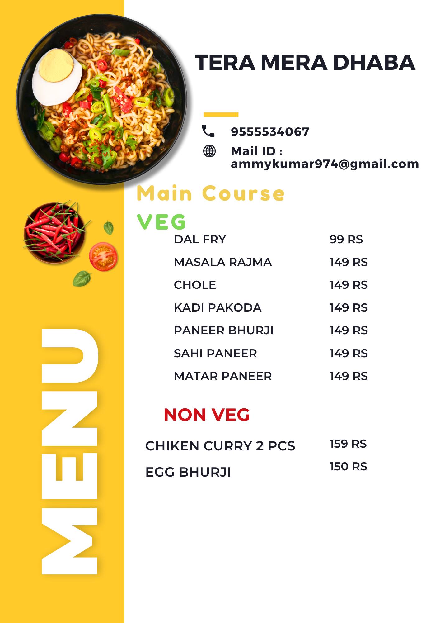Menu of Tera Mera Dhaba, Charmwood Village, Faridabad