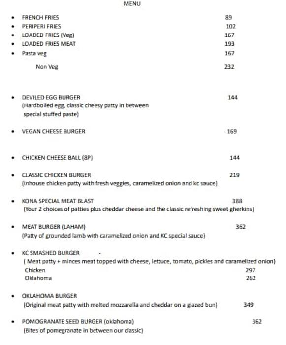 Menu of Kona Cafe, HSR, Bangalore